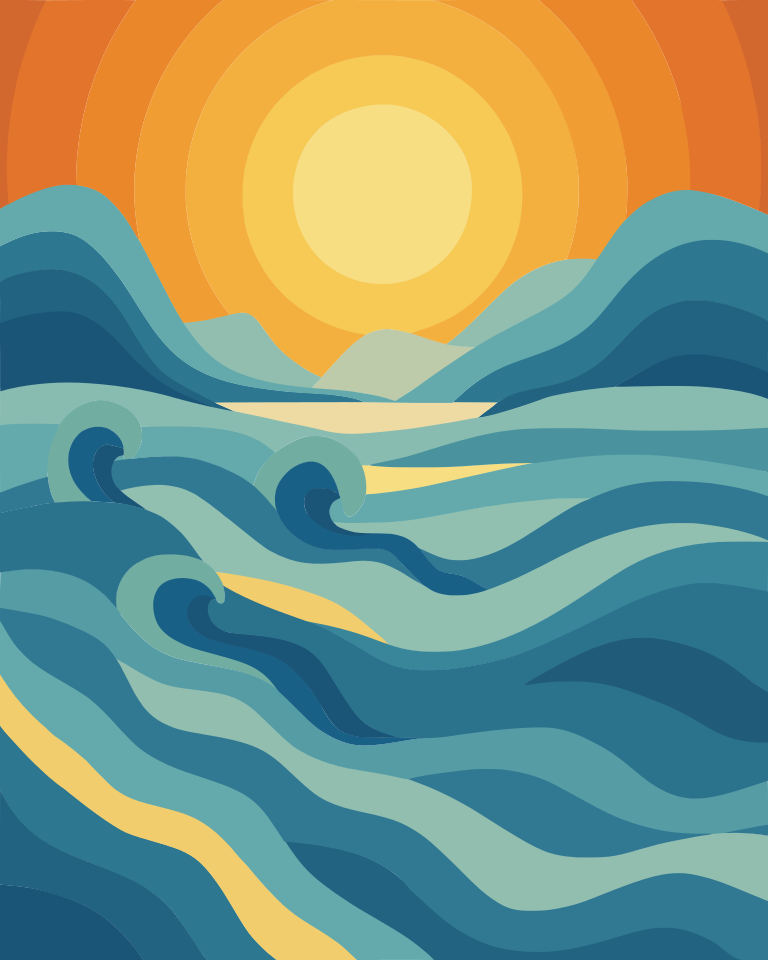 Stylized ocean waves with a sun and mountains vector – Free Wallpaper ...