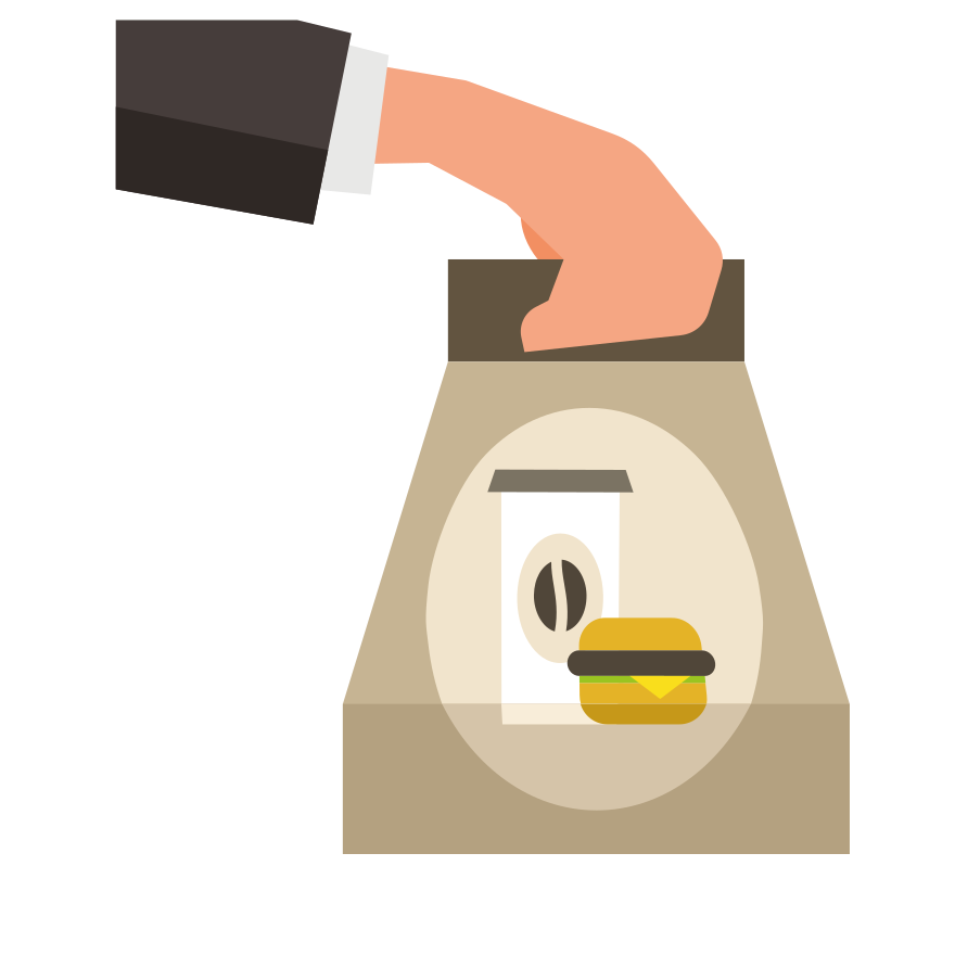 Sosteniendo una bolsa con café y hamburguesa de la mano vector – Imagen ...