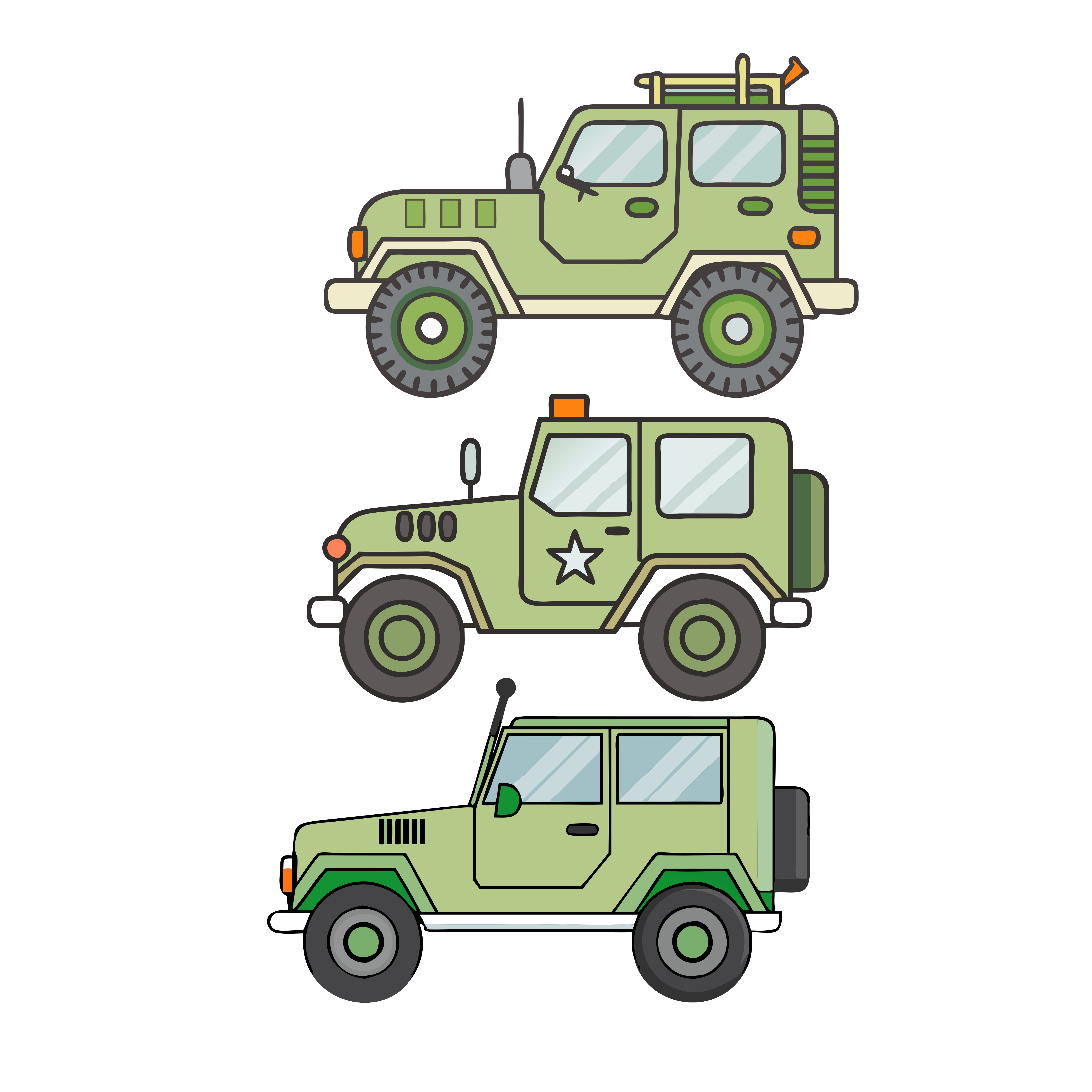 Three green military-style jeeps lined up vector – Free Illustration ...