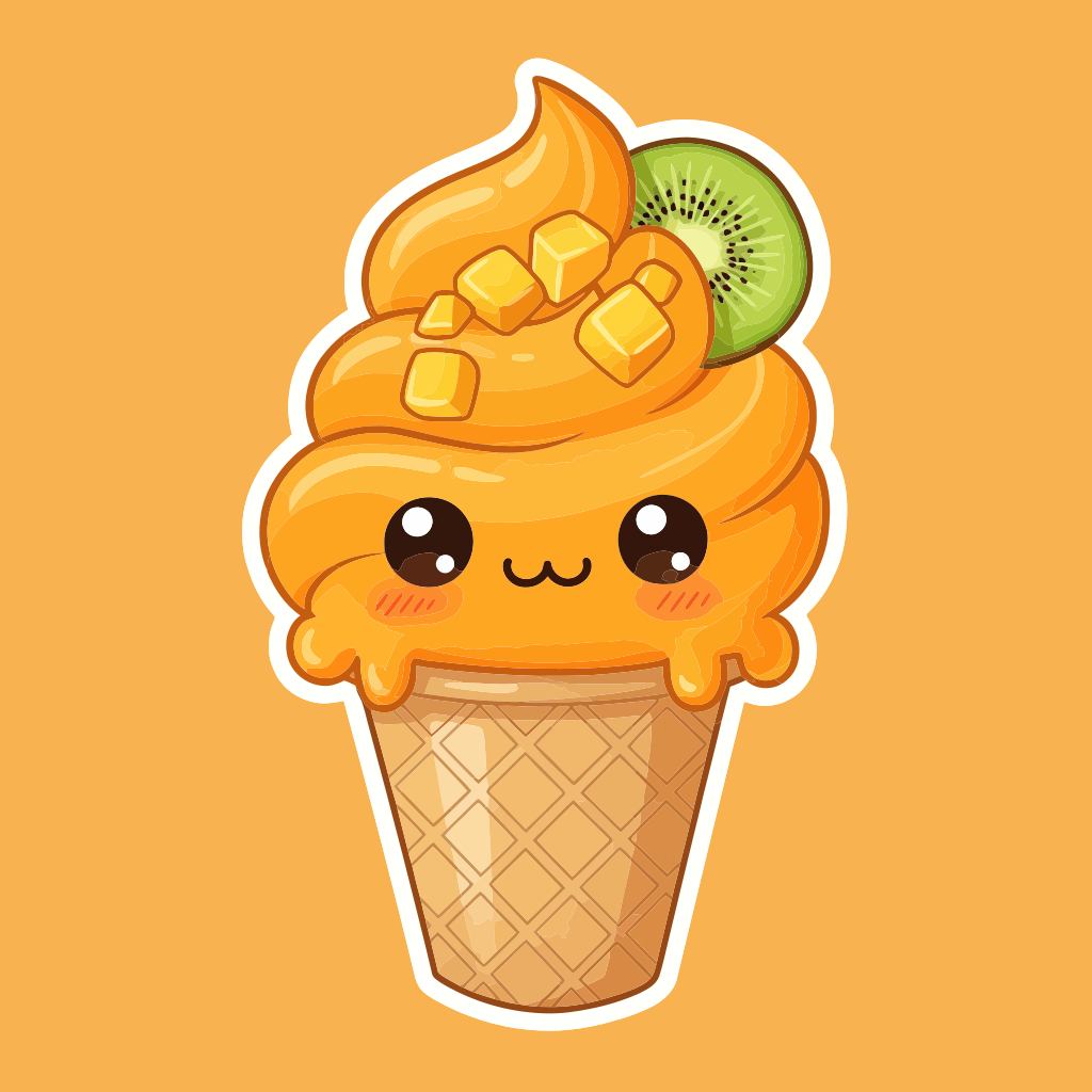 A cute cartoon ice cream cone with mango and kiwi. vector – Free Food ...