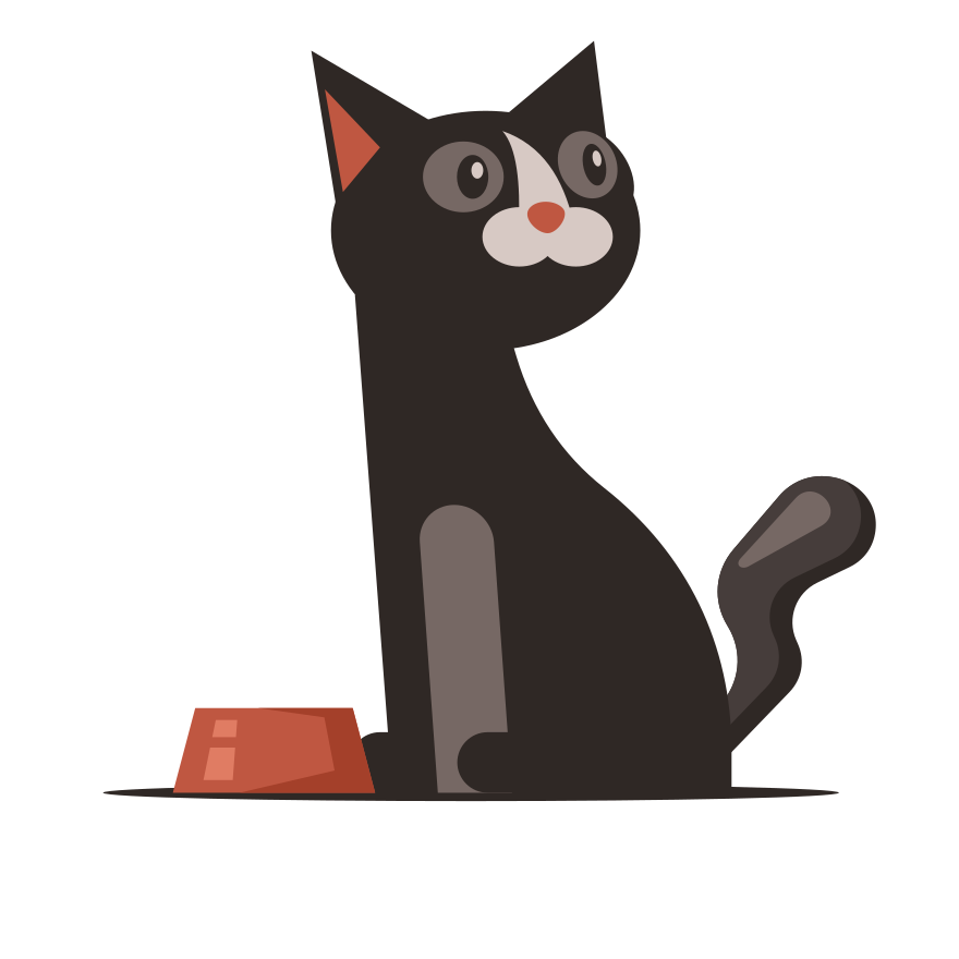 Un gato negro de dibujos animados está sentado junto a un cuenco de ...