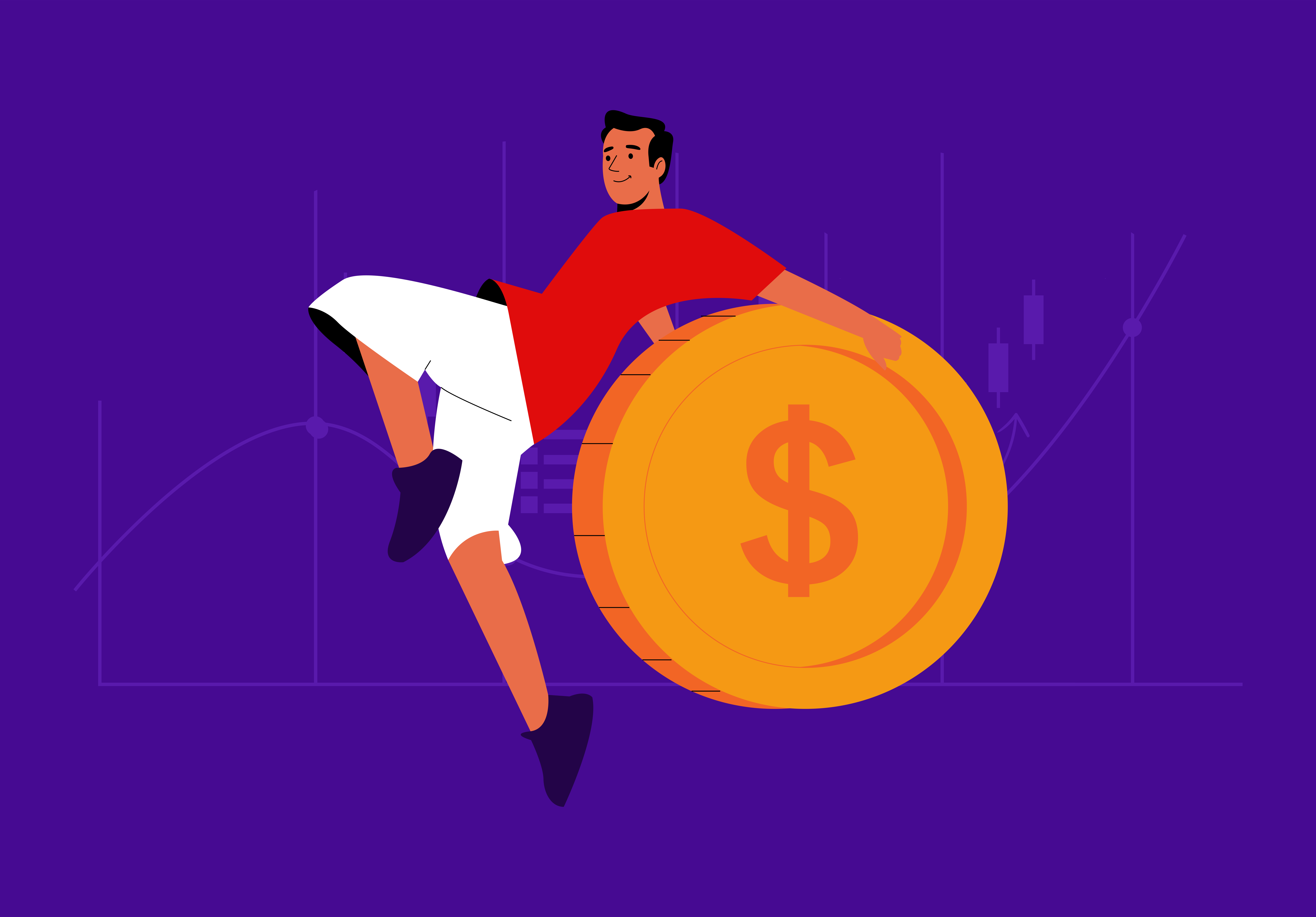 Man with a large golden coin and financial graph. vector – Free ...