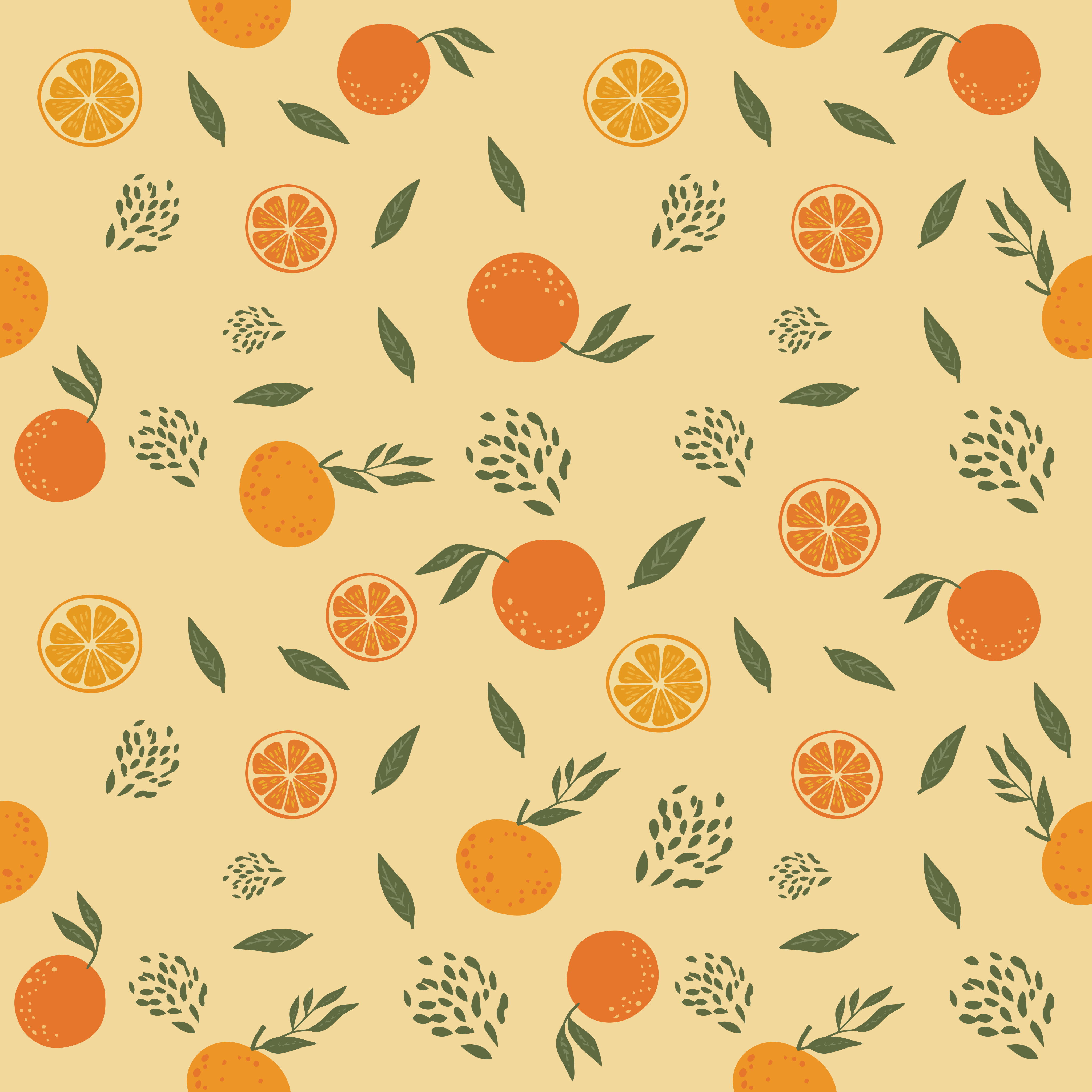 Seamless pattern of oranges and leaves on yellow background vector ...