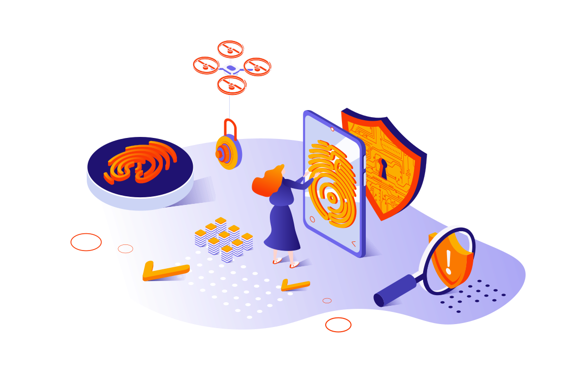 Cybersecurity concept with drone, shield, and fingerprint. vector ...