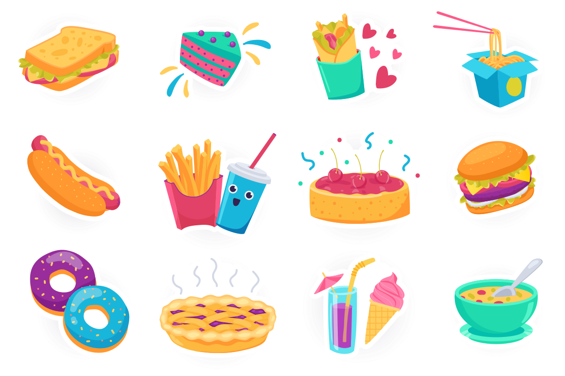 Collection of colorful cartoon fast food and desserts. vector – Free ...