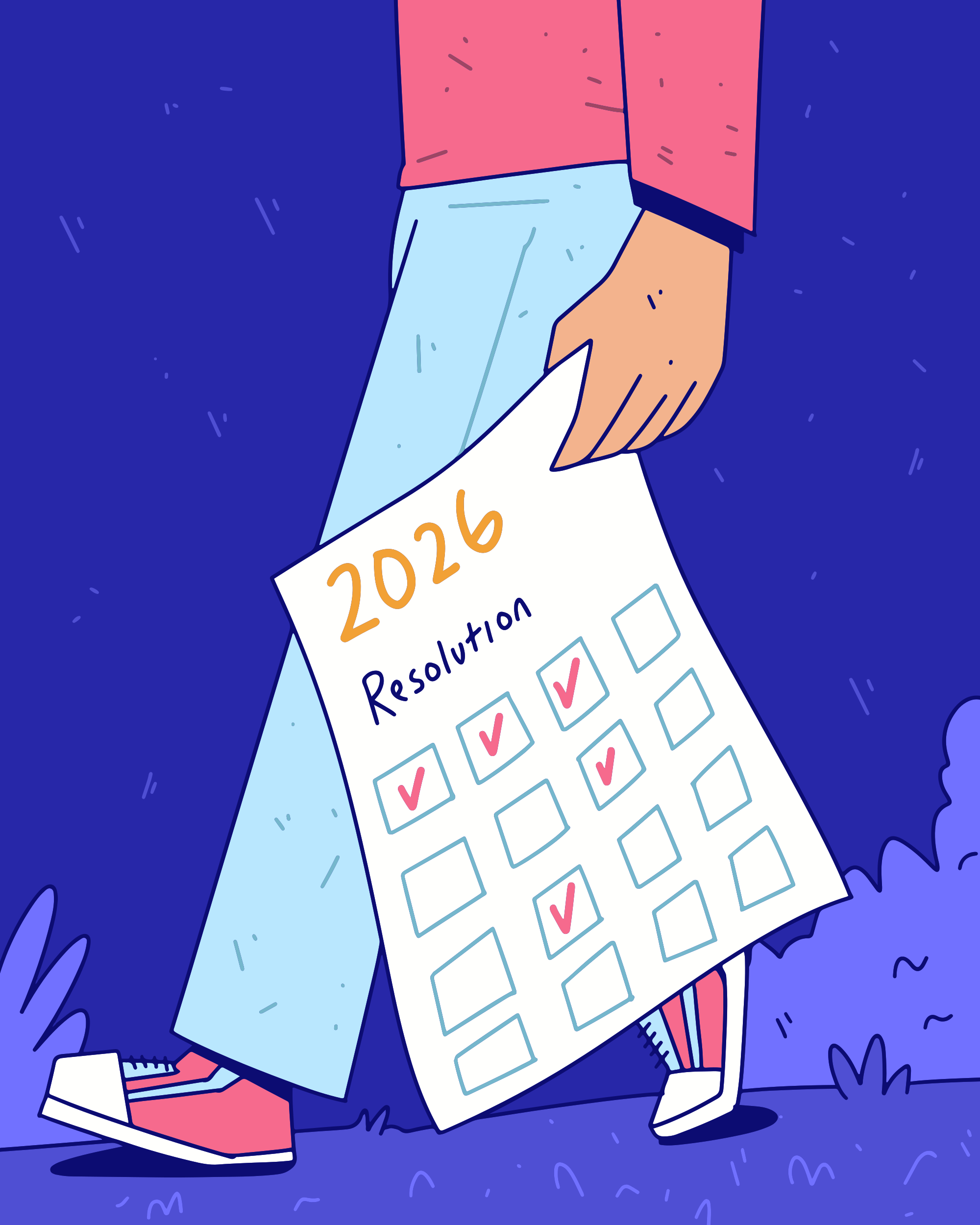 Vektor Orang yang memegang daftar periksa resolusi 2026 dengan kotak ...