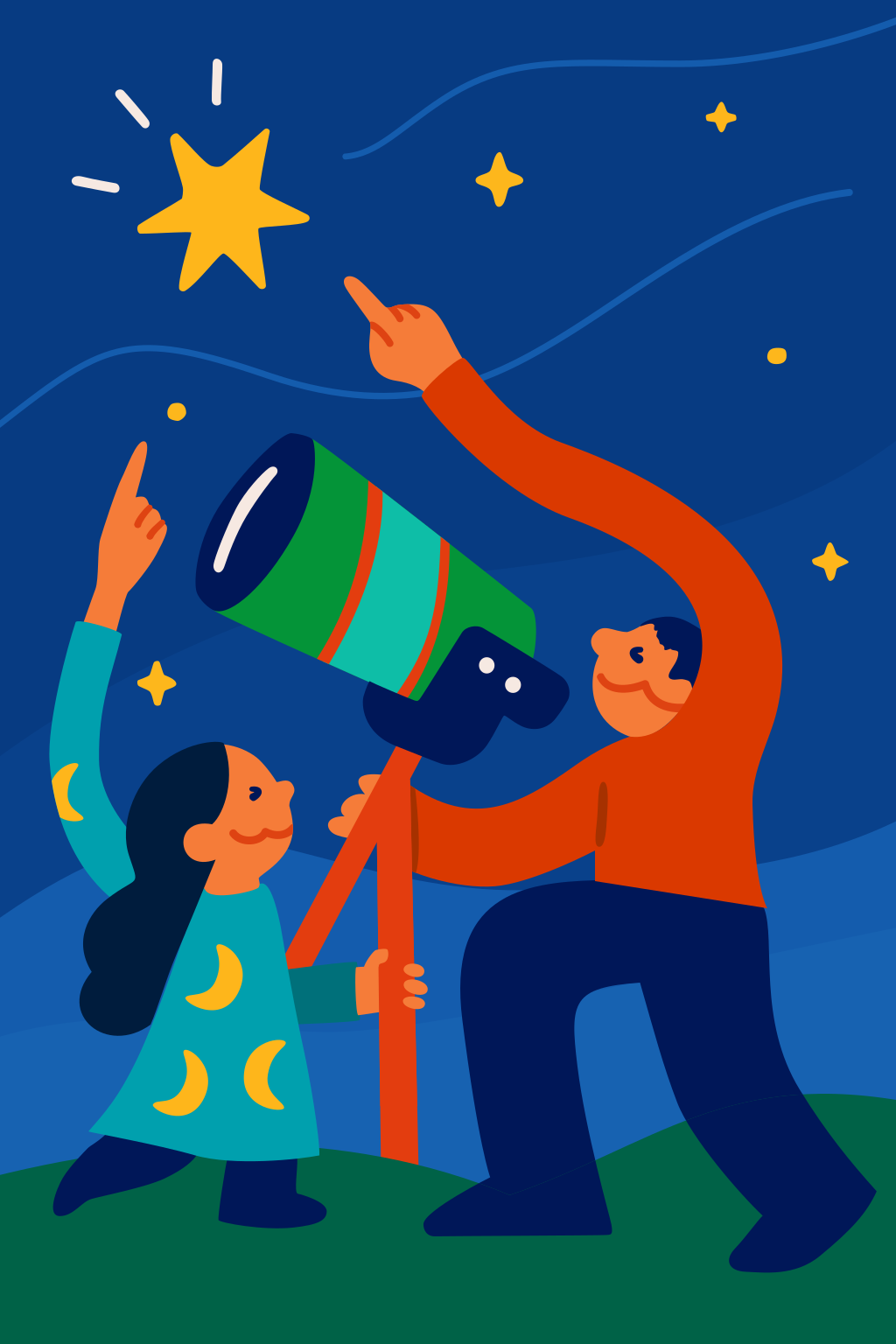 Padre e hija observando las estrellas con un telescopio. vector ...