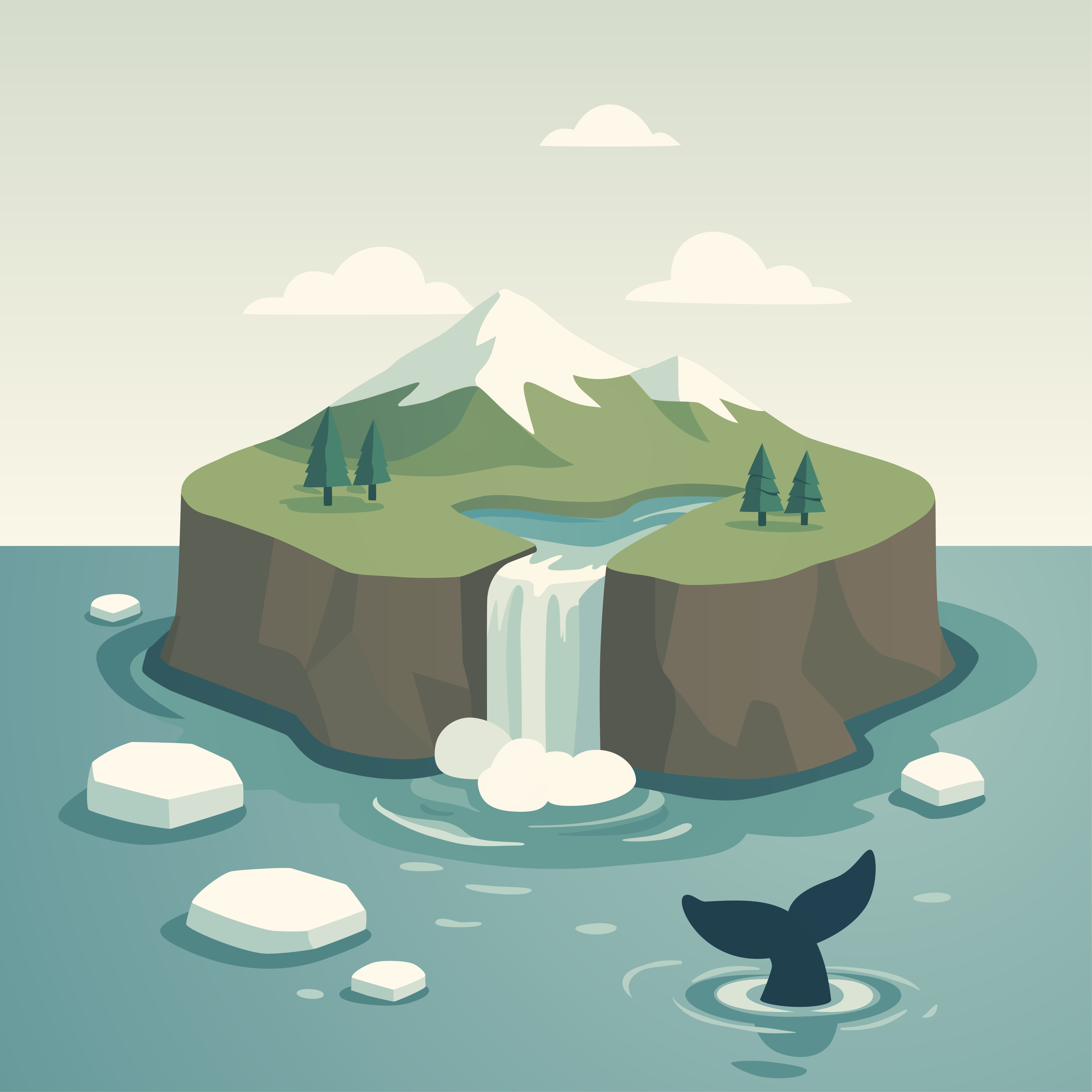 Vektor Sebuah pulau kecil dengan air terjun dan ekor paus. – Gambar ...