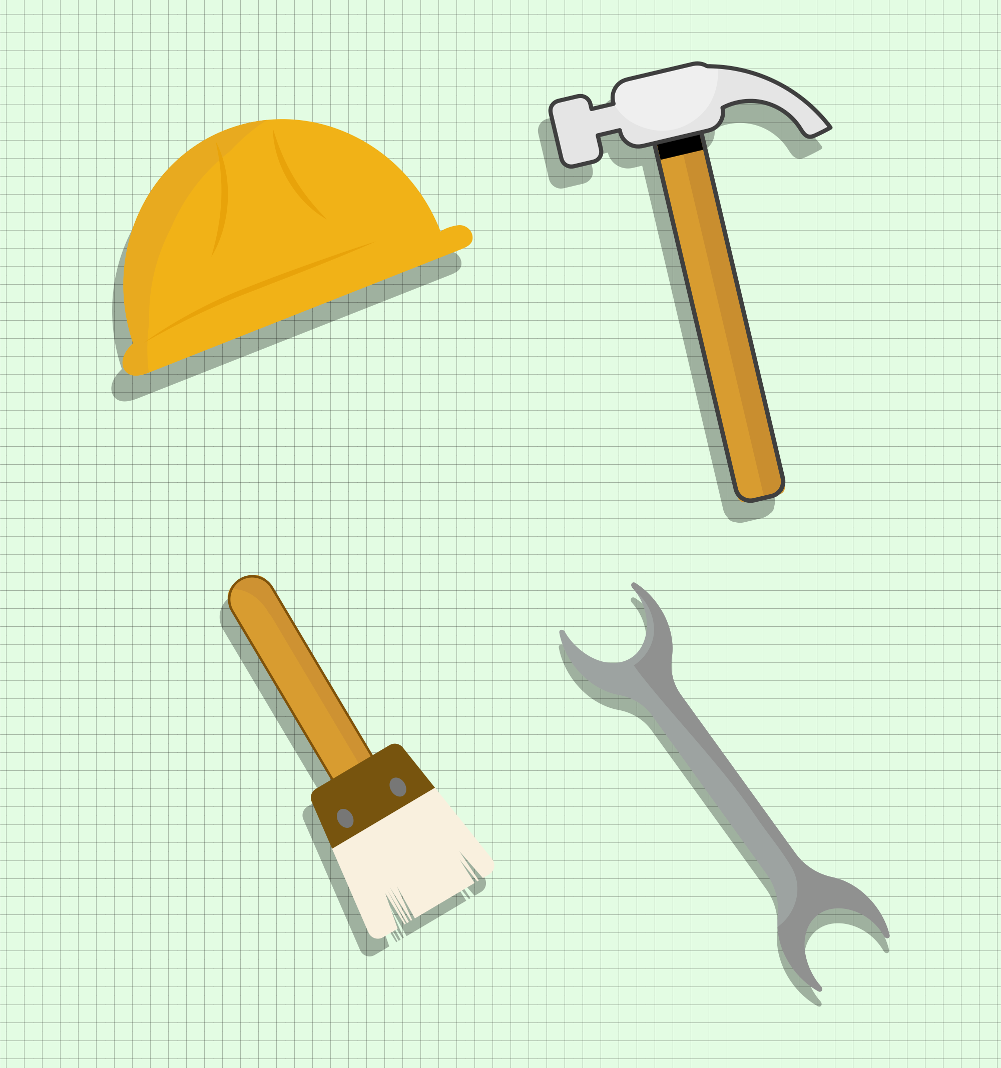 Construction tools including hard hat, hammer, brush, and wrench ...