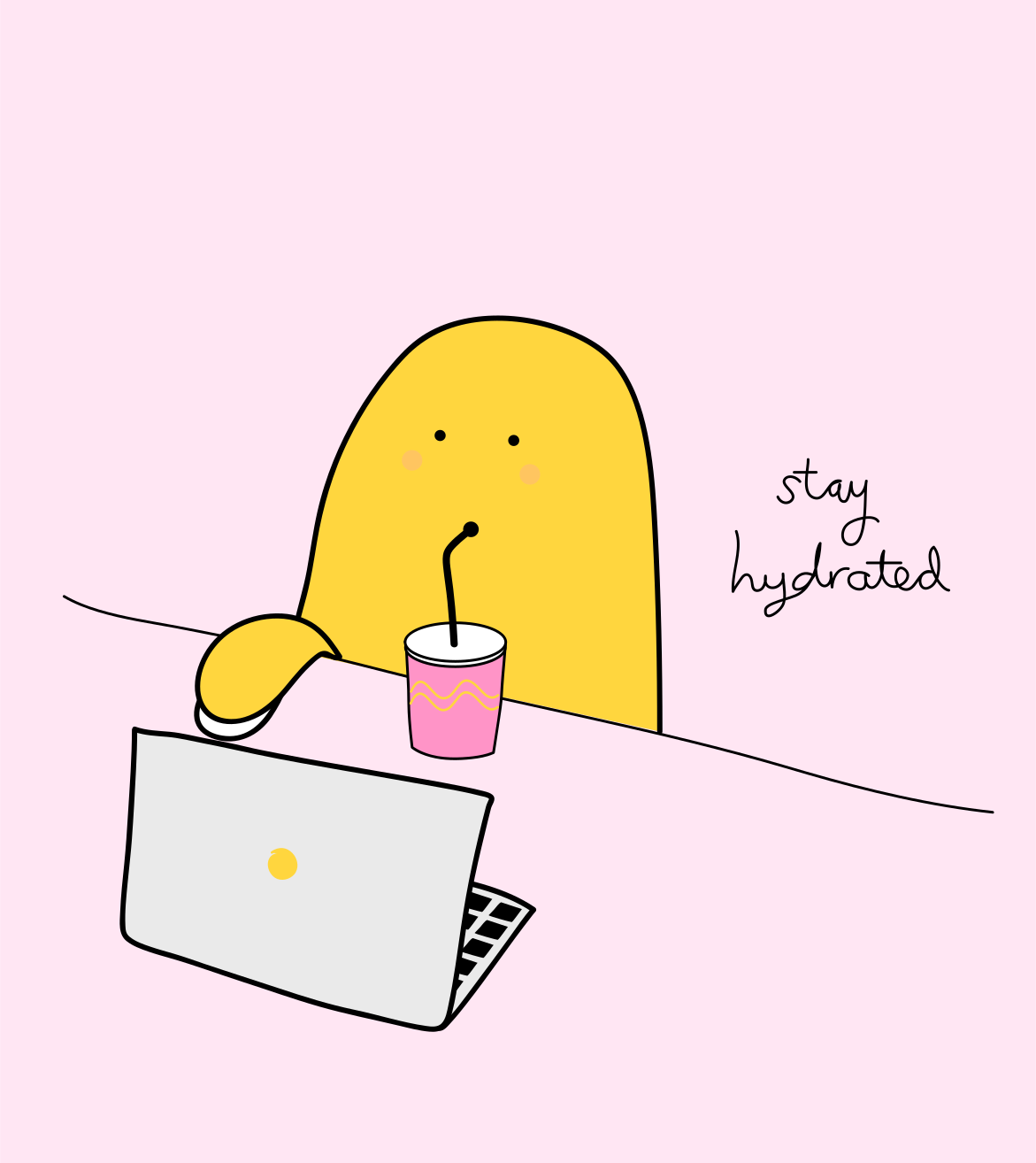 Yellow blob character drinking from cup at laptop vector – Free ...