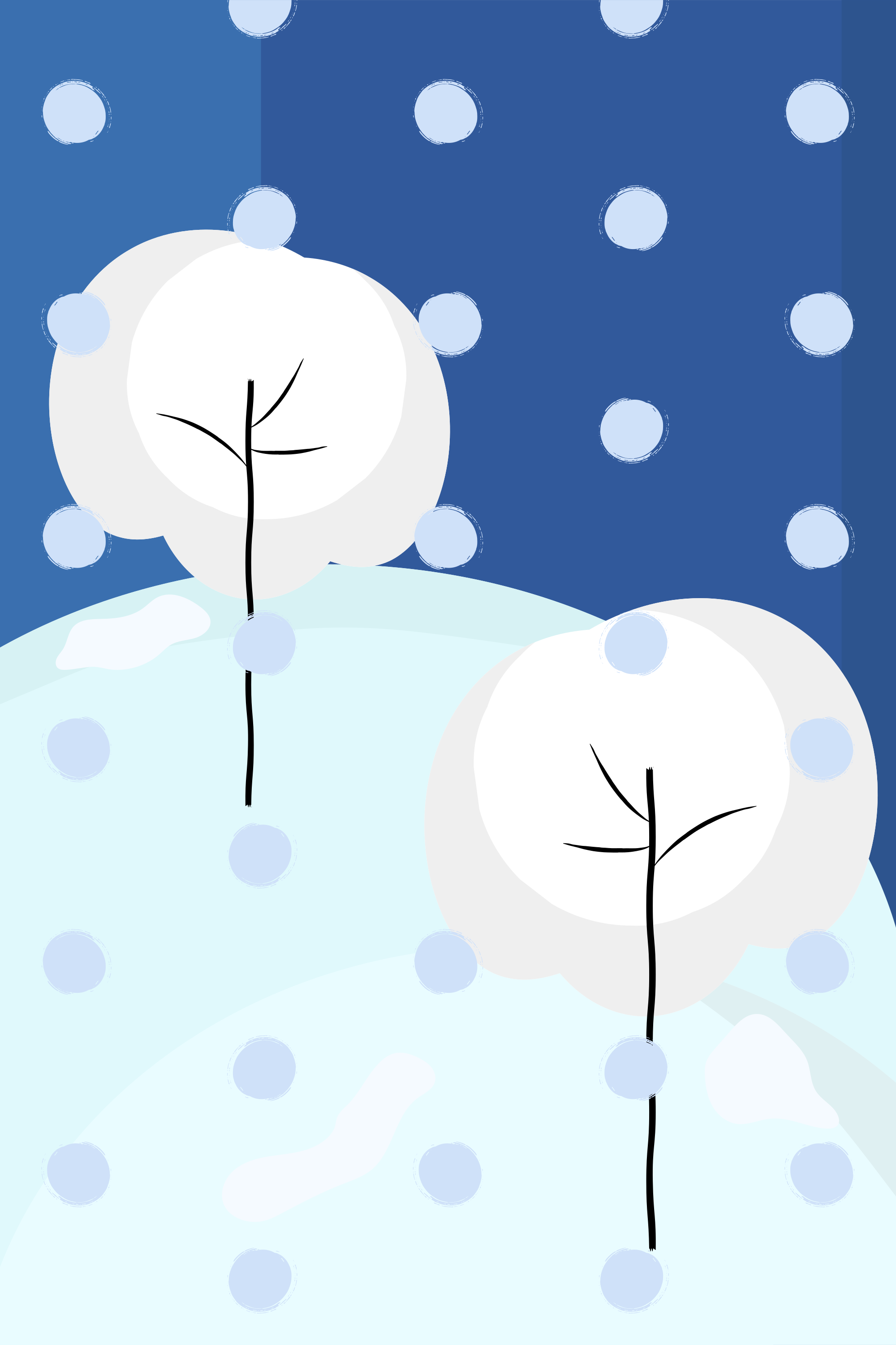 Vektor Dua pohon gundul di bukit bersalju dengan salju yang turun ...